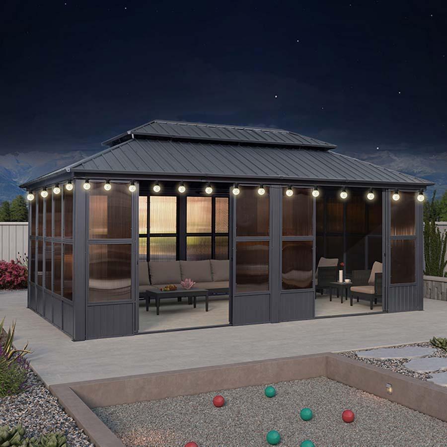 PURPLE LEAF Sunroom Hardtop Gazebo Solarium Grey Galvanized Steel Doub