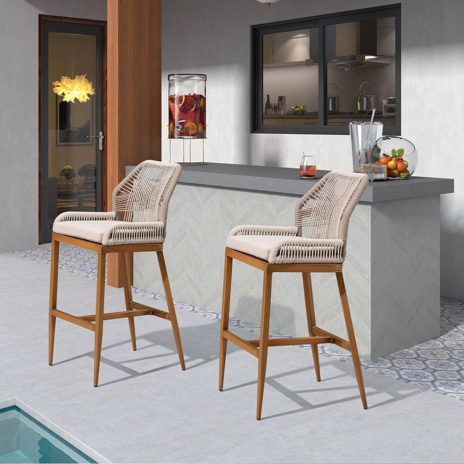 Outdoor Bar Stools | 2 Modern Counter Height Chairs with Cushions