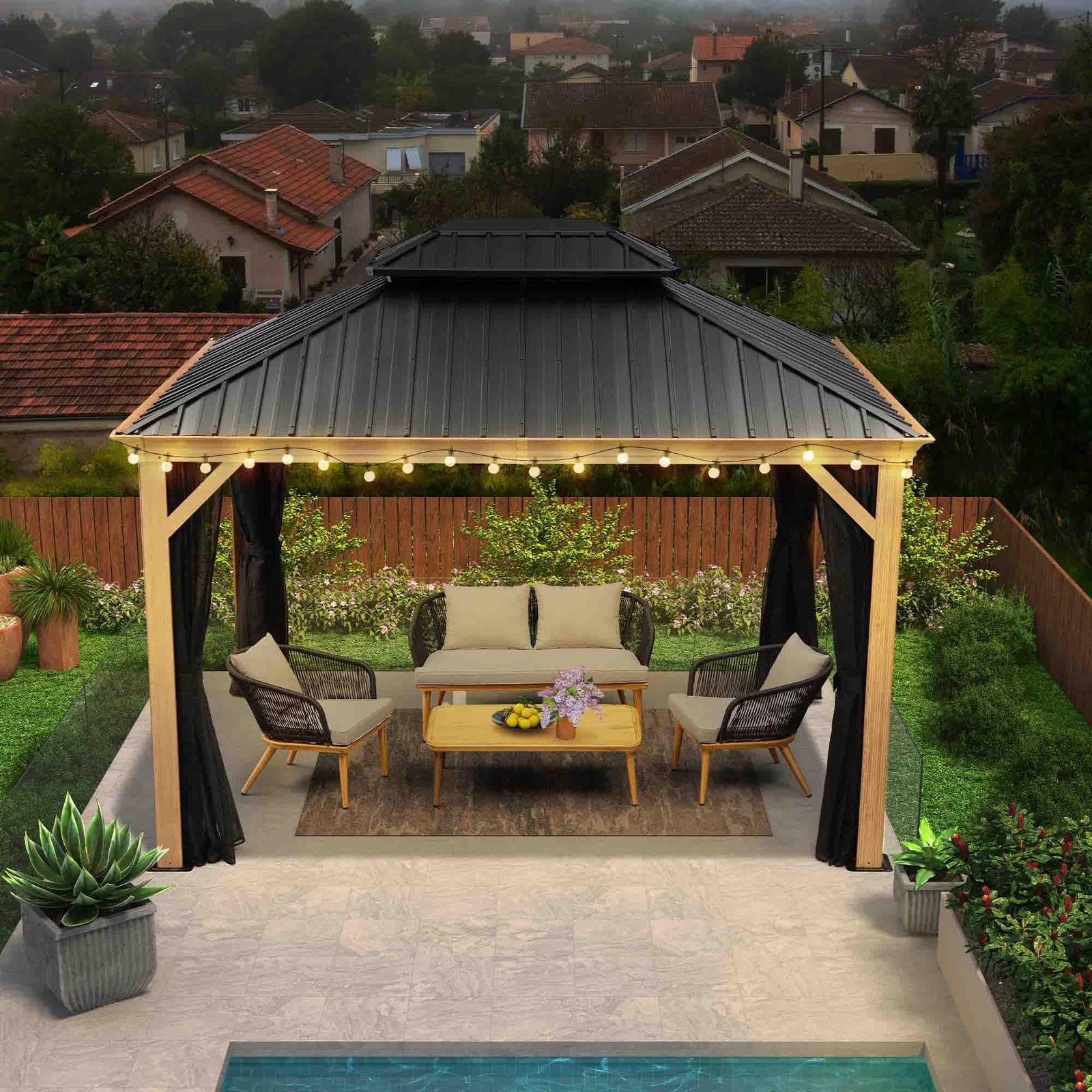 Hardtop Gazebo Wood Grain Galvanized Steel with Lights