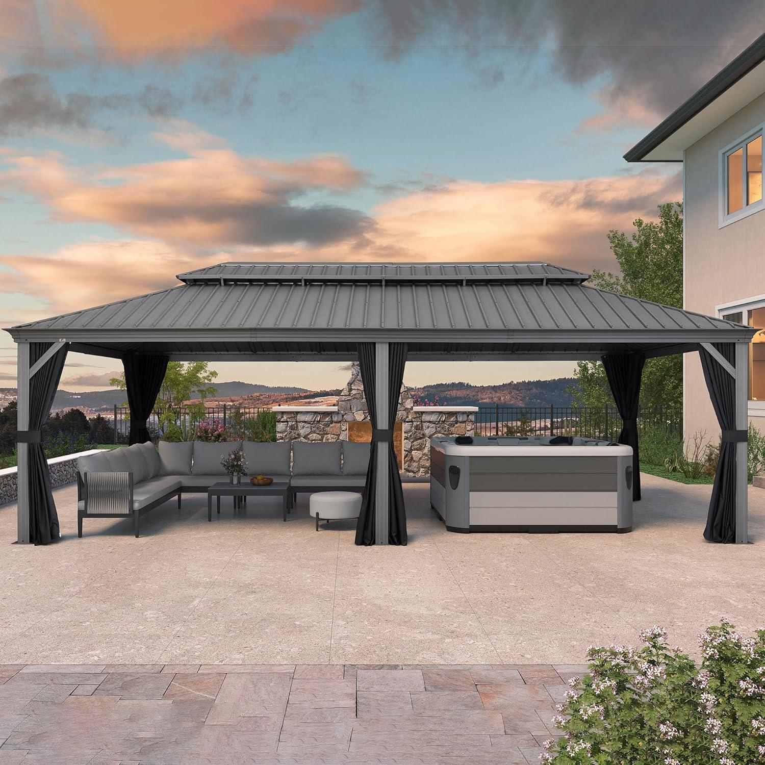 Grey Hardtop Gazebo with String Lights | Galvanized Steel