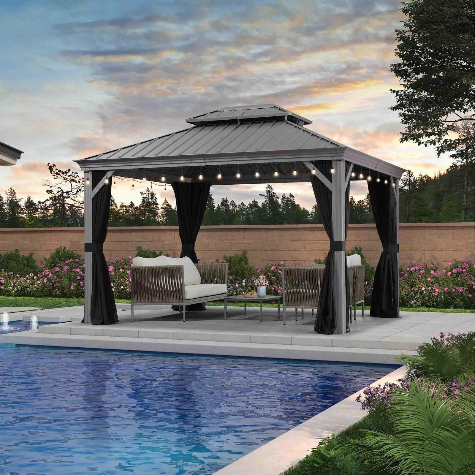 Grey Hardtop Gazebo with String Lights | Galvanized Steel